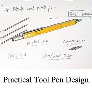 RENXING 6 in 1 Screwdriver Tech Tool Pen | Multitool Ballpoint Pens 0.7mm Ink | with 4 Refills | Touchscreen Stylus | cm inch Ruler and Levelgauge | Pocket Gadget Kit for Men Women Girls Boys, Yellow