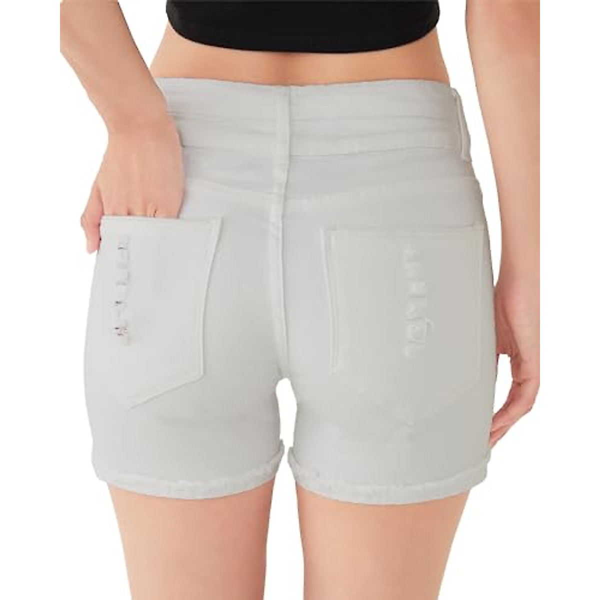 PHOENISING Women's Denim Shorts Stretchy Distressed Rolled Hem Mid Rise Jean Short, White, Size 12