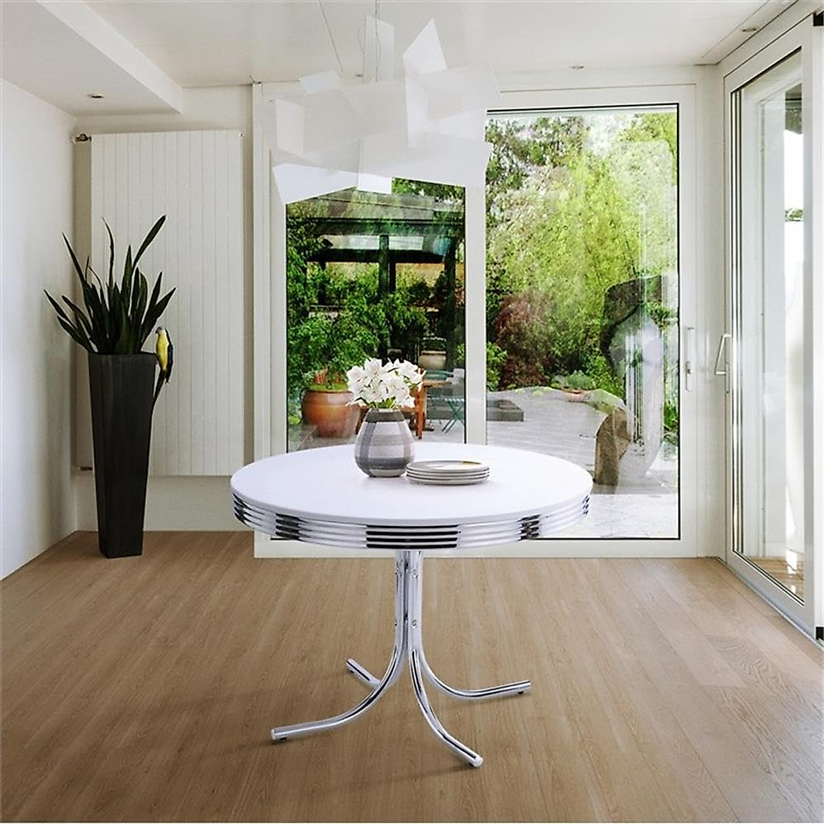 BOWERY HILL 42" Round Vintage Retro Dining Table in White and Chrome