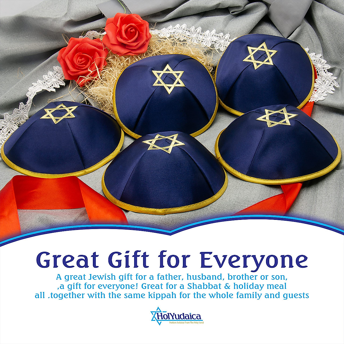 Pack of 5-Pcs Hq 20cm Satin/Velvet Kippah with Silver/Gold String+Star of David for Men & Boys, Yamaka Hat from Israel, Kippot Bulk (Blue Gold, Satin)