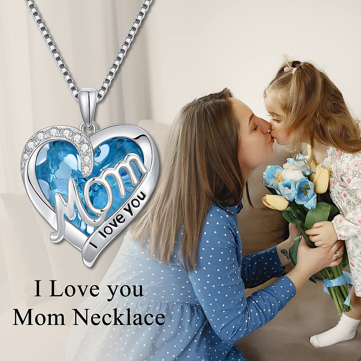 TOUPOP Mom Necklace for Women with Crystal March Birthstone s925 Sterling Silver I Love You Forever Heart Pendant Necklace Birthday Jewelry Gifts for Mama Mother Grandma