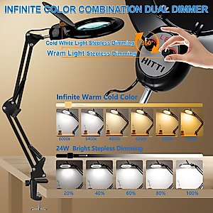 HITTI 【Upgraded Switch】 10X Magnifying Glass with Light, 2200 Lumens 2-1 Desk & Clamp Magnifying Lamp, Stepless Color and Brightness, Hands Free Magnifier Light and Stand for Crafts Workbench-Black