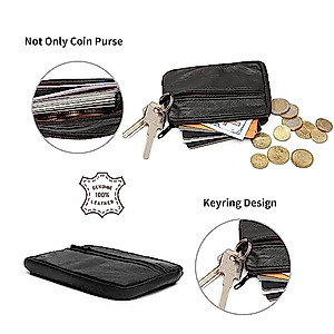 Coin Purse Pouch for Women, Genuine Leather Mini Cash Wallet with Keychain Ring Holder (Black)