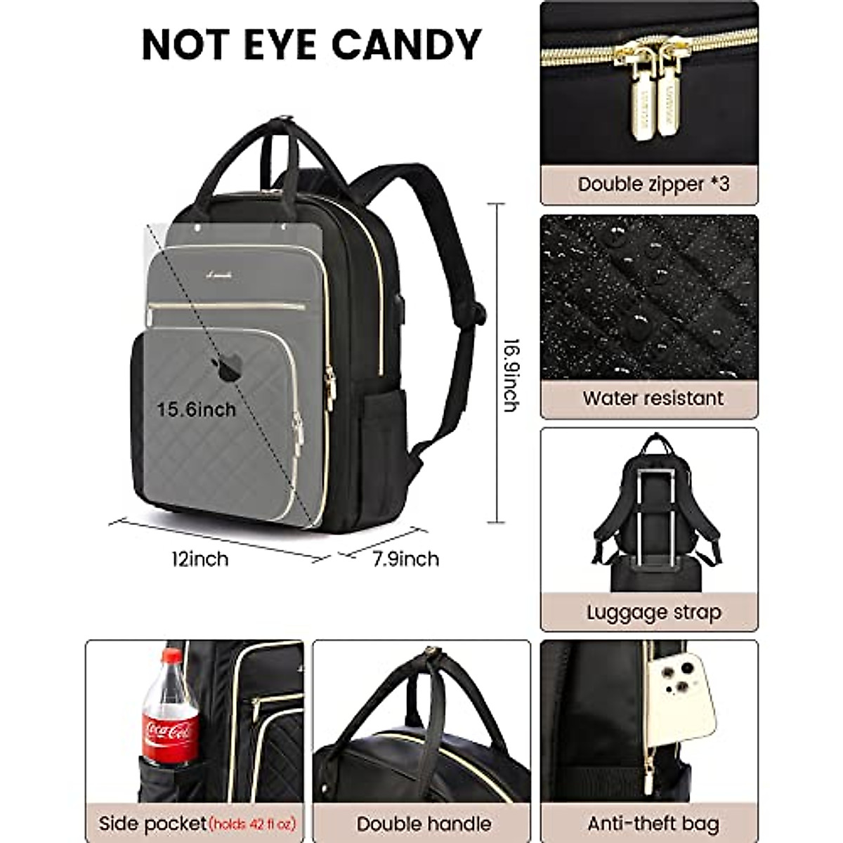 LOVEVOOK Laptop Backpack for Women, 15.6 Inch Computer Backpack for Teacher Nurse with Water Resistant, Lightweight Travel Work Backpack with USB Charging Port, Quilted Commuter Backpack purse, Black