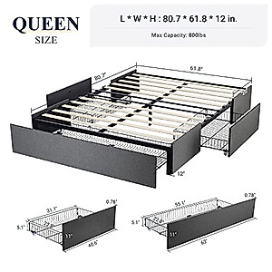 Allewie Queen Size Platform Bed Frame with 3 Storage Drawers, Upholstered Wing Side Panel Design, Wooden Slats Support, No Box Spring Needed, Noise Free, Easy Assembly, Dark Grey