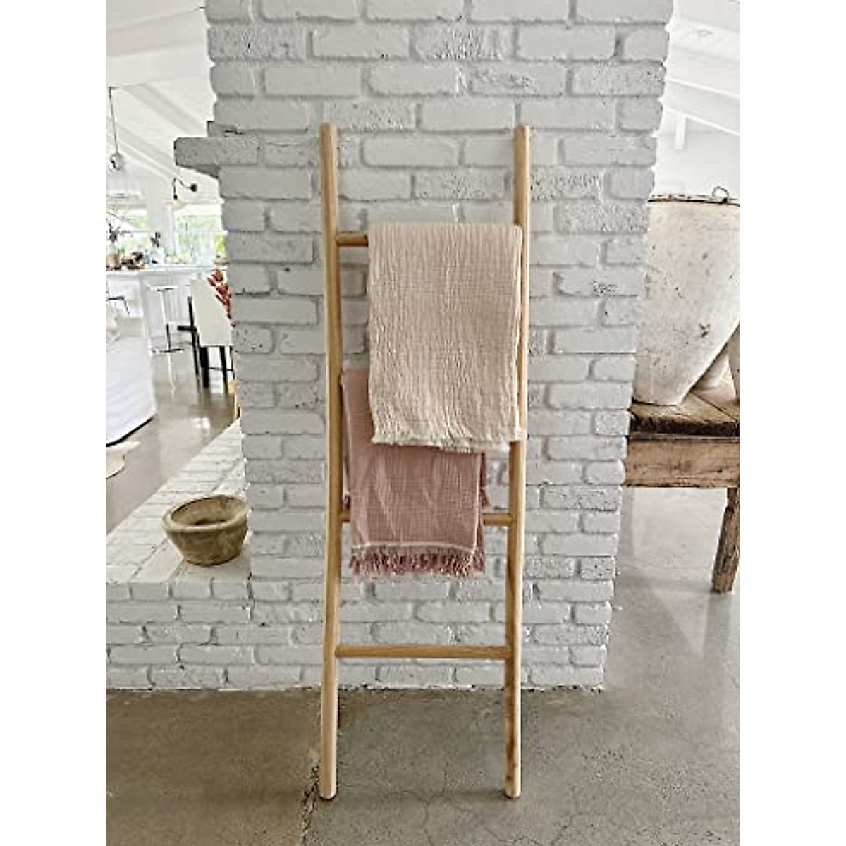 Sandstone & Sage Blanket Ladder | Hand Made Natural 5ft Decorative Wooden Ladder Shelf | Boho Farmhouse Decor to Use for Quilt Rack | Towel Rack for Bathroom | No Assembly Required | Sustainable Wood