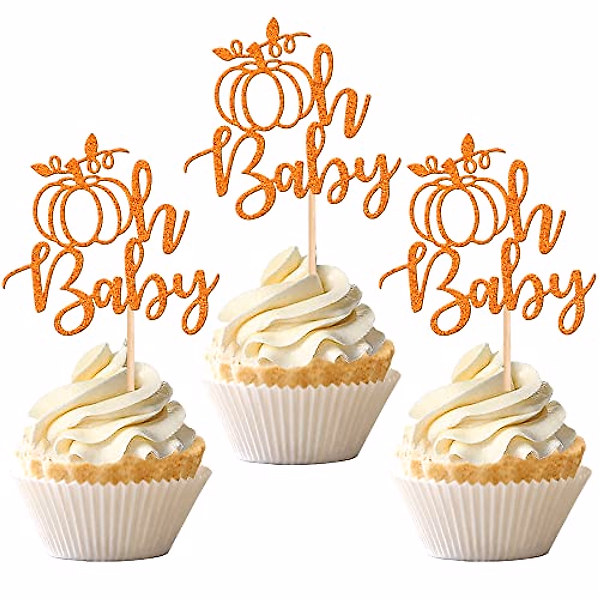 24 PCS Pumpkin Oh Baby Cupcake Toppers Glitter Fall Theme pumpkin Cupcake Picks Baby Shower Cake Decorations for Pumpkin Theme Gender Reveal Kids Birthday Party Supplies Orange
