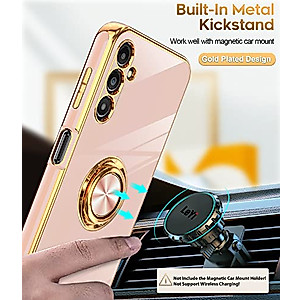LeYi for Samsung Galaxy A14 5G Case with Tempered Glass Screen Protector [2 Pack] 360° Rotatable Ring Holder Magnetic Kickstand, Plating Rose Gold Edge Protective Case, Pink