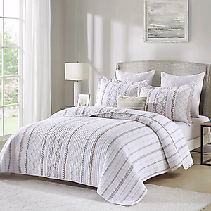 PERHOM 100% Cotton Quilt Queen Size - 3 Pieces Boho Striped Lightweight Soft Breathable Beige Gray White Bedding Set with 2 Shams, Bohemian Pattern Printed Bedspread/Coverlet/Comforter for All Season