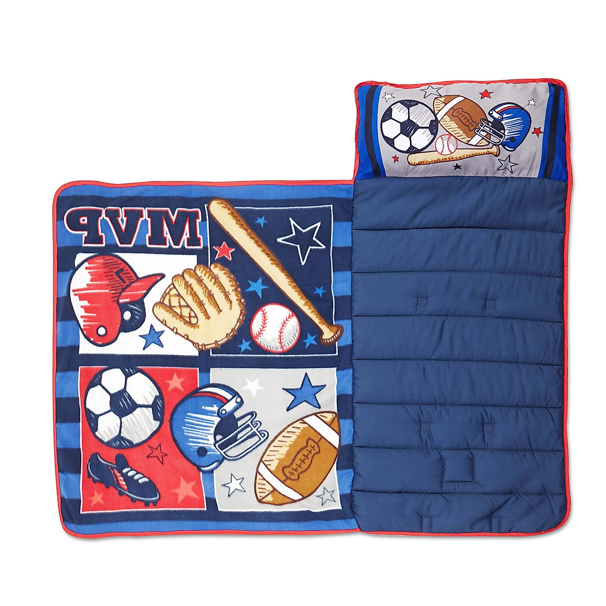 Baby Boom Funhouse MVP Sports Nap Mat Set - Includes Pillow and Fleece Blanket – Great for Boys Napping during Daycare or Preschool - Fits Toddlers, Blue