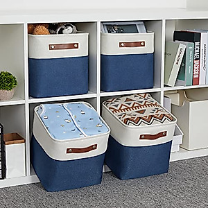 HNZIGE Fabric Cube Storage Bins Basket for Shelves Set of 4, Fabric Storage Cubes Baskets Closet Storage Bins for Cube with Handles, Cubby Storage Bins for Organizing Home Office (White Blue)