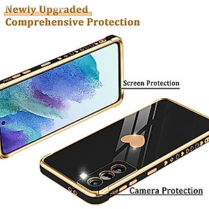 Atump Compatible with Samsung Galaxy S21 Case with HD Screen Protector Shockproof Protection, Love Heart Plating Girly Women Cute Soft TPU Luxury Elegant Case for Galaxy S21 5G, Black