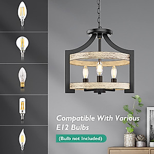 3-Light Rustic Farmhouse Pendant Hanging Light Adjustable Height Max 68in, Convertible Vintage Semi Flush Mount Ceiling Light Fixture Black Metal Chandelier White Birch Wood Finish Kitchen Dining Room