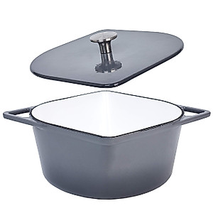 Bruntmor 3 Quart Cast Iron Enameled Dutch Oven Modern Squoval Shaped Design. Nonstick Seasoned Pot With Stainless Steel Knob for Dinner, Grey, Enamel Cast Iron.