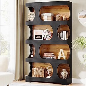Tribesigns 71" Tall Bookcase, 4-Tier S-Shaped Bookshelf, Wood Decorative Storage Shelving, Modern Freestanding Display Shelves, Large Library Book Shelf Unit for Home Office Living Room Bedroom, Black