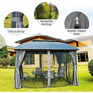 Domi 10'x12' Hardtop Gazebo Arc Canopy,Outdoor Aluminum Gazebo with Galvanized Steel Double Roof,Curtain and Netting,Permanent Gazebos Pavilion for Patio Deck,Backyard,Gray