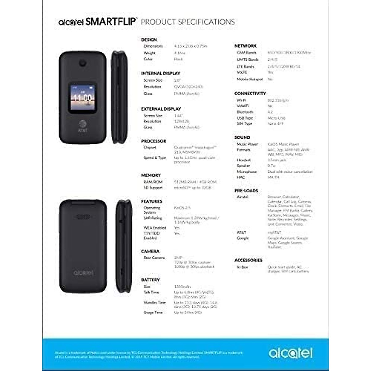 H2O Wireless PREPAID | Alcatel SMARTFLIP 4052R | 4G LTE | 4GB Flip-Phone | SIM Included | Black |