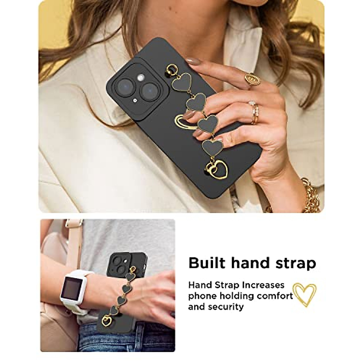 AICase iPhone 14 Case for Women with Full Camera Lens Protection and Hand Strip Loop, Silicone Heart Girly Cute Side Soft Slim Shockproof Protective Cover for iPhone 14 6.1 inch-1