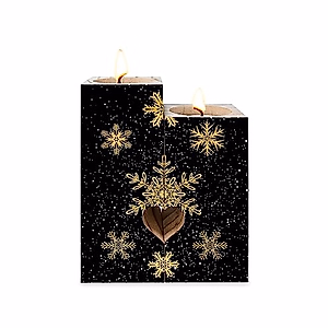 Christmas Snowflake Candle Holder with Tea Light,Vintage Wood Tealight Candle Stick Holder Pillar Centerpiece,Heart-Shaped Tall Wooden Tea Light Candle Holders Decor Set Gold Black Xmas Winter Holiday