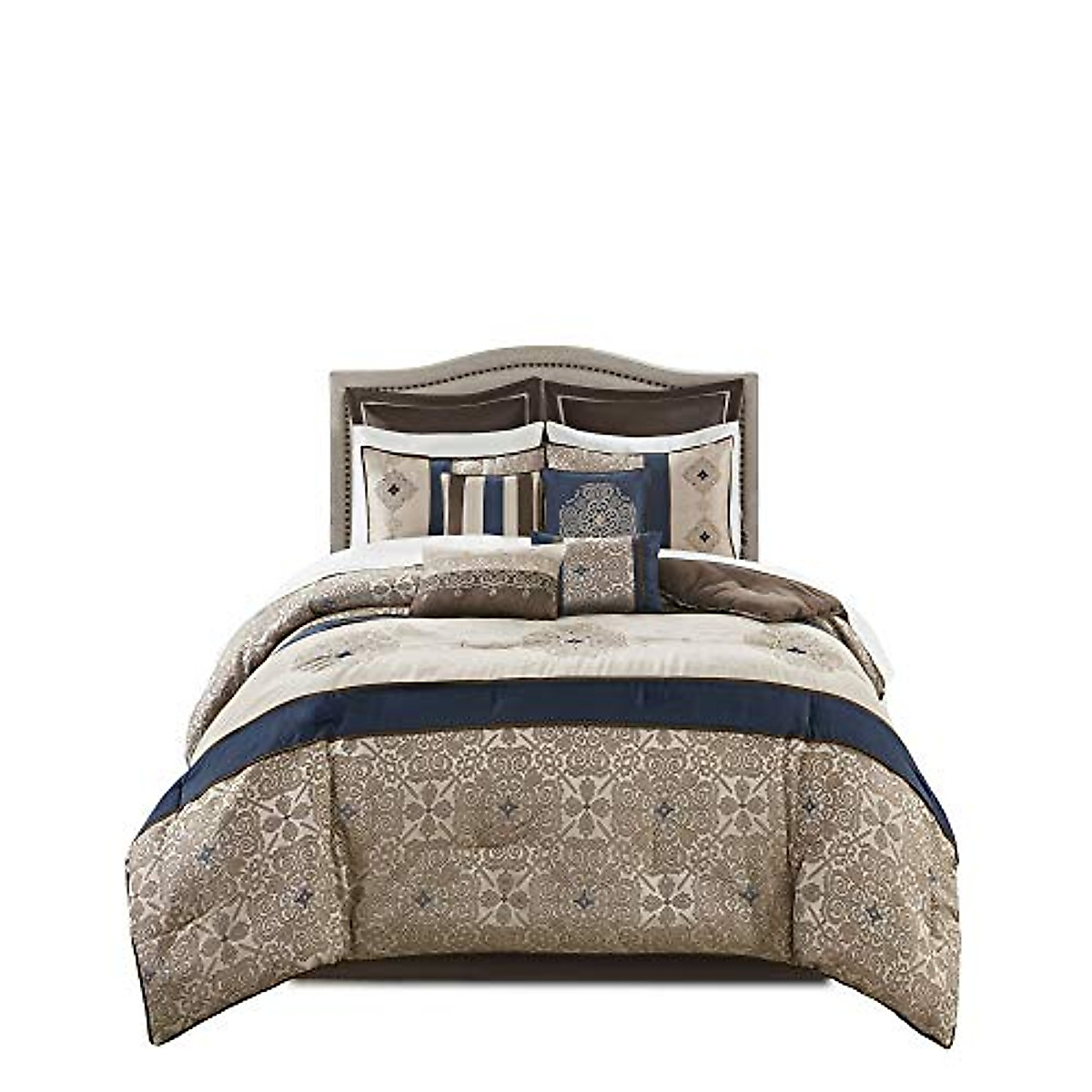 Madison Park Essentials Delaney 24-Piece Room In A Bag Comforter Set-Satin Jacquard All Season Luxury Bedding, Sheets, decorative pillows and Curtains, Valance, Queen (90 in x 90 in), Medallion Navy