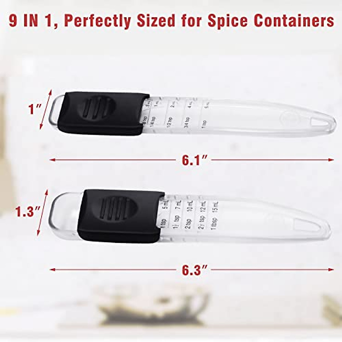 Professional Adjustable Measuring Spoons Set of 2 #2258, Fits in Spice Jars, Teaspoon Measuring Spoons 9 in 1 for Dry and Liquid, BPA- free & Dishwasher Safe