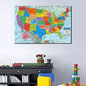 General America Map Wall Art Painting Detailed USA Map Pictures Print On Canvas Art The Picture for Home Modern Decoration Single Panel Modern Wall Decor Stretched and Framed Ready to Hang(12"Wx18"H)