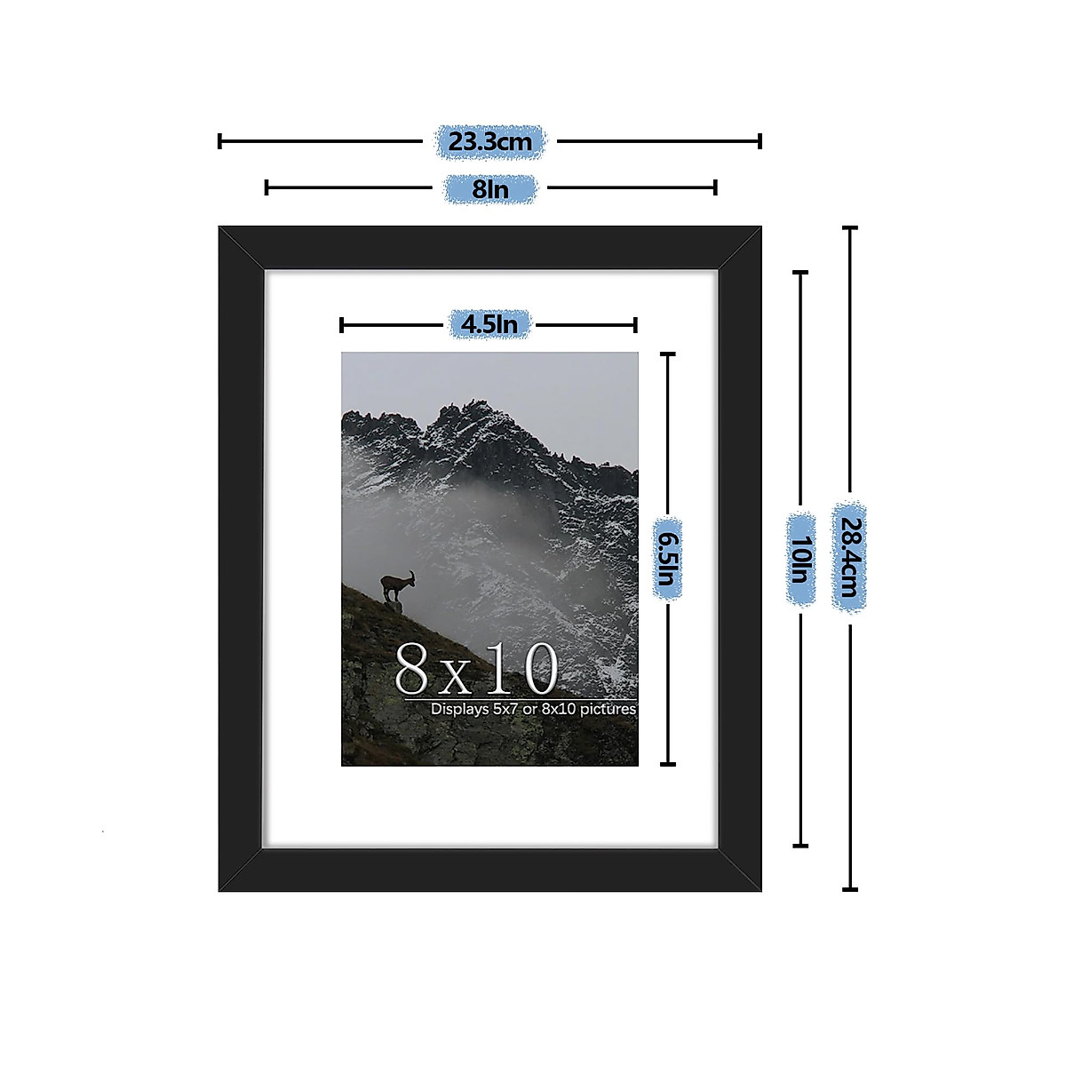 Picrit 8x10 Picture Frame Set of 7, Display 5 x 7 with Mat or 8 x 10 Without Mat, Photo Frames for Wall Mounting or Table Top Display, Black.
