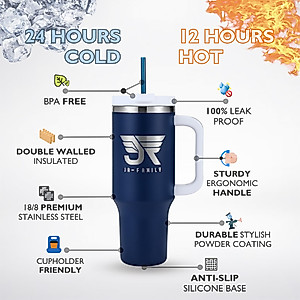 JR-FAMILY 40oz Spill Proof Tumbler with Lid Straw and Handle, Stainless Steel Insulated Travel Coffee Mug, Cup Holder Friendly, Easy Clean, Gifts for Women Men - Navy Blue