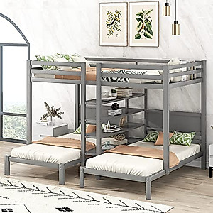 BOVZA Modern Triple Bunk Bed Frame, Twin XL Over Twin&Twin Wooden Bunk Bed with Built-in 4 Shelves and Ladder, Saving Space, Gray