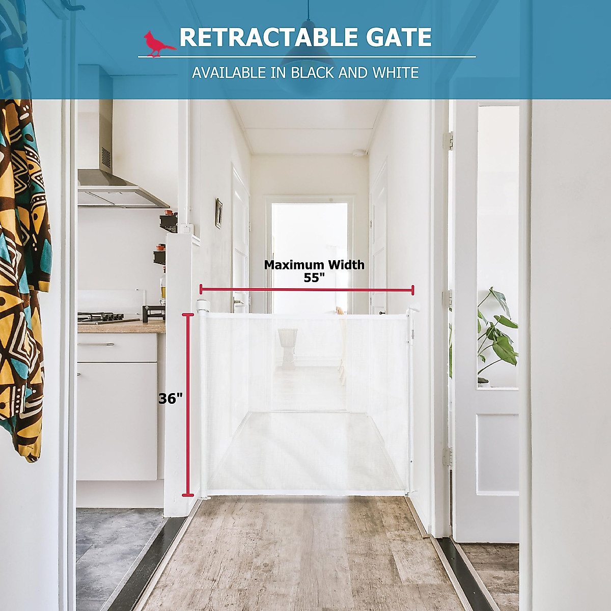 Cardinal Gates RETG Retractable Baby Gate - Mesh Retractable Dog Gate - Extends Up to 55 Inches Wide - 36 Inches Tall - White