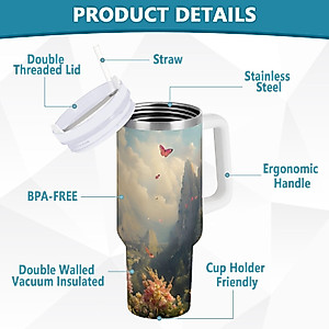 Jihqo Spring Butterflies Landscape 40 oz Stainless Steel Vacuum Insulated Tumbler with Handle and Straw Lid, Leakproof Water Bottle Double Wall Travel Mug Coffee Cup, Cupholder Friendly