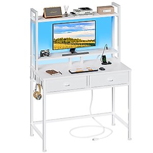 Furologee Small White Desk with Drawers, 36 Inch Home Office Computer Desk with Power Outlet and LED Light, Vanity Desk with Storage Shelves, Modern Work/Writing/Study Table for Bedroom, White