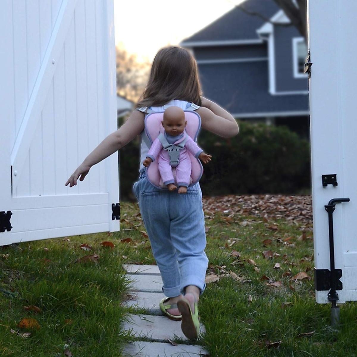 Doll Travel PlaySet - Baby Doll Car Seat Carrier Backpack with 12 Inch Soft Body Doll Includes Doll Bottles and Toy Accessories … (Caucasian)