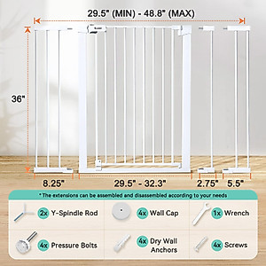 COMOMY 36" Extra Tall Baby Gate for Stairs Doorways, Fits Openings 29.5" to 48.8" Wide, Auto Close Extra Wide Dog Gate for House, Pressure Mounted Easy Walk Through Pet Gate with Door, White