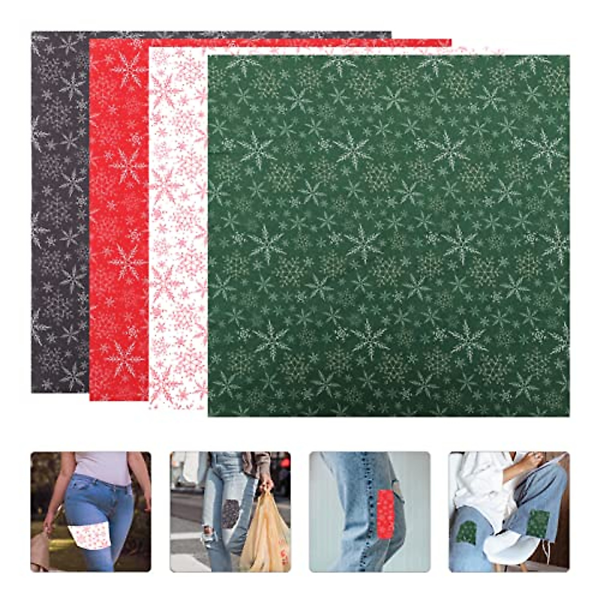 4 Pieces Snowflake Printing Fabric, Christmas Fabric Squares Quilting Fabric Patchwork Snowflake Printed Fabric Scraps for Dress Apron Gift Wrapping Sewing Work DIY Craft