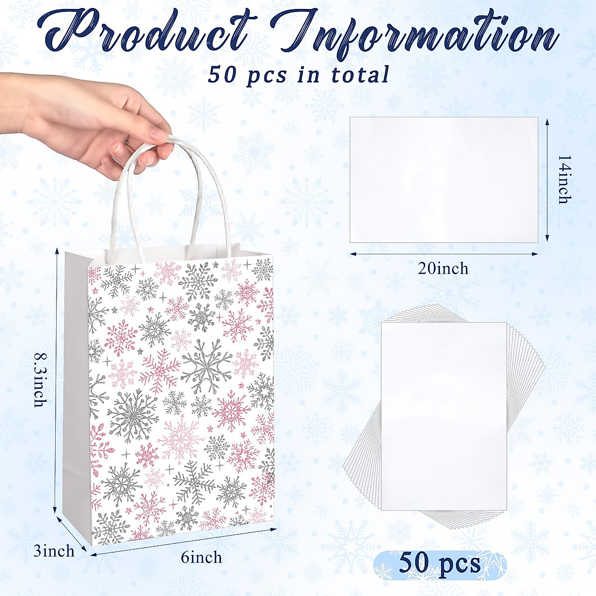 Silkfly 50 Pack Frozen Gift Bag Snowflake Party Bags Winter Frozen Goodie Bags with Tissue Paper for Snowflake Baby Shower Birthday Holiday Party Supplies