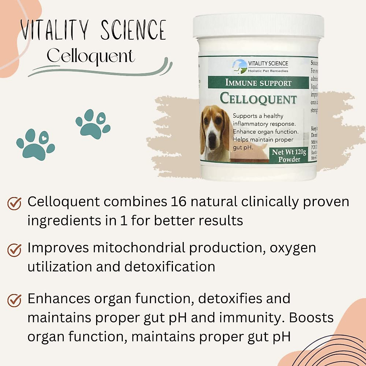 Vitality Science Celloquent for Dogs | Enhanced Immune Support | Maintains Proper Gut pH | Boosts Organ Function | Aids Detoxification & Healthy Inflammatory Response | 100% Safe and Natural (120g)