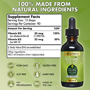 Go Nutrients Liquid Vitamin D3 K2 Drops - for Bone & Heart Health - Fast Absorption Vitamin D Drops for Adults & Kids, GMO-Free, VIT D3 MK7, Supports Immunity & Healing, 1.0 oz. | 90 Servings