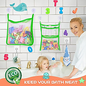 Bath Toy Organizer, SUNDOKI Toy Holder Storage Bags 2 Bath Toy Nets with and 8 Hooks for Kids, Toddlers and Adults (Green)