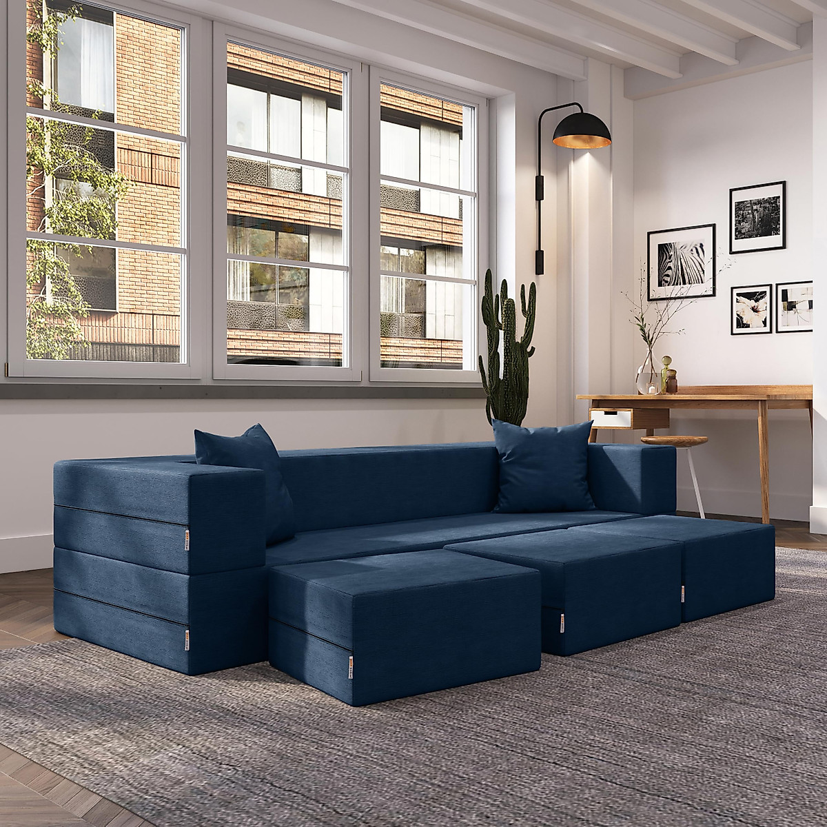 Jaxx Zipline Convertible Sleeper Sofa & Three Ottomans/California King-Size Bed, Textured Microvelvet - Indigo