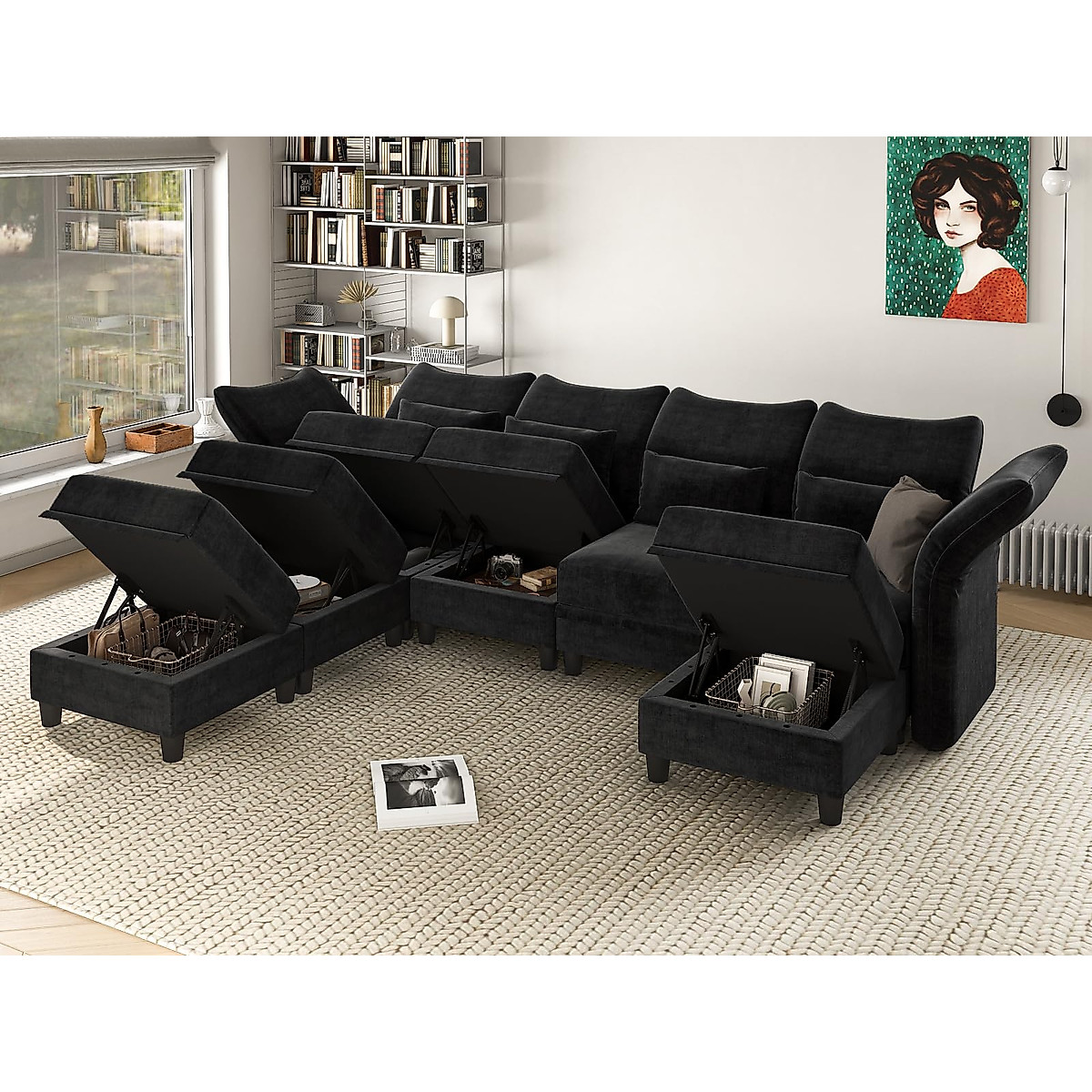LLappuil Black Sectional Couch U Shaped 7 Seats, Chenille Sectionals Sofa Large Modular Sectional Sofa for Living Room with Reversible Chaise, Storage Seat, Deep Cushion