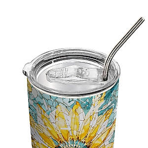 ORCAE 20oz Beautiful Colorful Daisy Flower, Stained Glass Style Flowers, Yellow White Flower Tumbler Cup, Insulated Travel Mug with Lid, Coffee Thermos for Men, Women, Gifts for Women - K