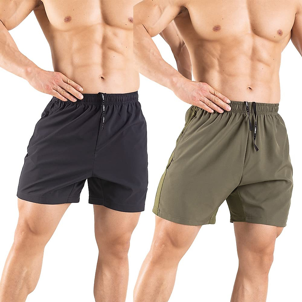 Gaglg Men's 5" Running Shorts 2 Pack Quick Dry Athletic Workout Gym Shorts with Zipper Pockets Black/Green,Small