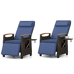 ORALNER Patio Reclining Wicker Chair, Outdoor Rattan Chaise Lounge Recliner with Adjustable Backrest & Footrest, Flip Side Table and Soft Cushions, for Backyard, Porch, Lawn, Poolside (2, Navy)