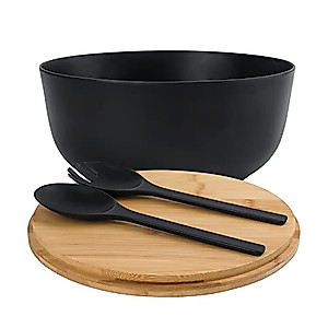 LOVYANXUE Bamboo Fiber Salad Bowl with Servers Set Large 9.8inches Nature Bamboo Mixing Bowl with Servers with Lid Spoon and Fork for Fruits ,Salads and Vegetables (Black, 10inch)