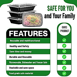 Glownary Meal Prep Food Containers with Lids, Bento Boxes, Food Storage Containers (28 oz. - Black, 50 Count. - Plastic)