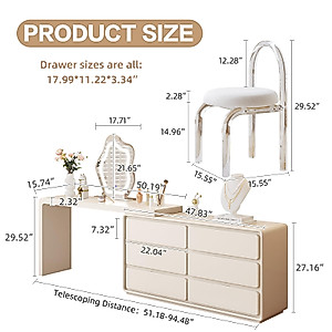 Guyii Makeup Vanity Set, Extendable Vanity Table with 6 Drawers, Modern Dressing Table with LED Makeup Mirror and Chair, Girl's Dresser, Bedroom Dresser