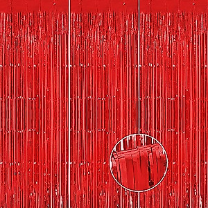 3 Pack Red Thicken Foil Fringe Curtains Decorations 3.2x8.2ft, Photo Backdrop for Birthday Bachelorette Bridal Shower Baby Shower Graduation Party, Party Streams Decor
