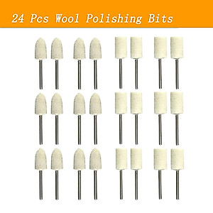 𝐋𝐮𝐨 𝐤𝐞 24 Pcs Wool Polishing Bits - Wool Felt Polishing kits with 1/8 Inch Mandrel for Dremel Rotary Tools (Polishing Point Diameter:10mm)