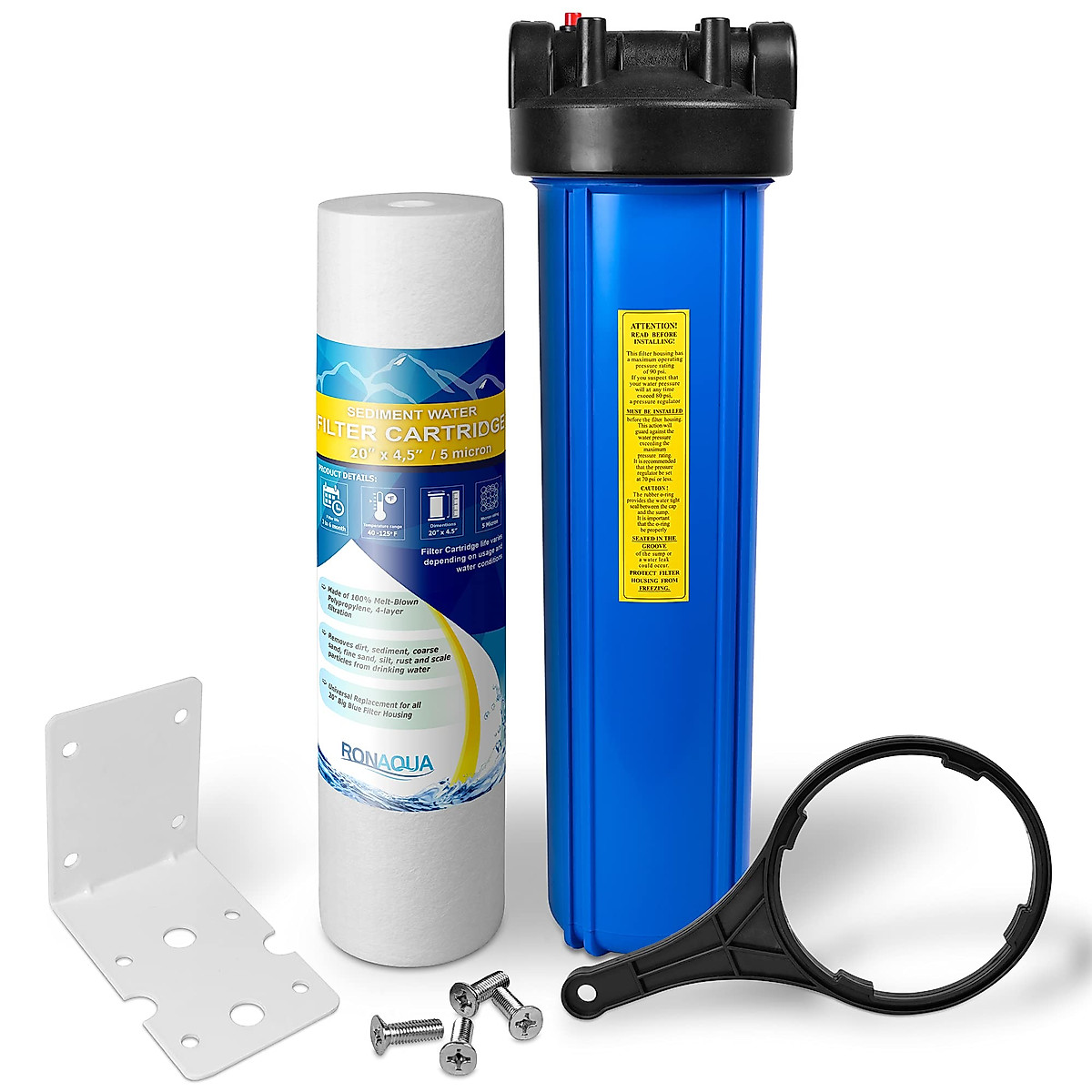 Whole House Water Filtration System, Big 20 x 4.5" Housing, 5 Micron Sediment Filter Cartridge & Mounting Hardware Included! (20 Inches)